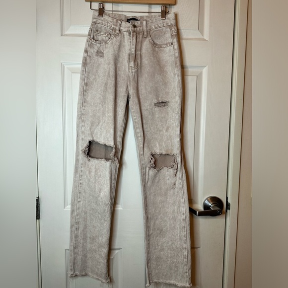 PrettyLittleThing | Jeans | Tan Washed Boyfriend Jeans Cut Out Knees ...